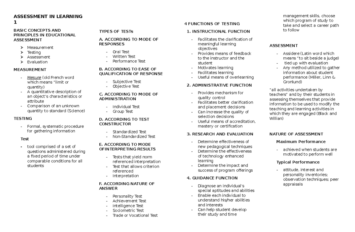 Assessment in Learning 1: Key Concepts and Principles Explained - Studocu