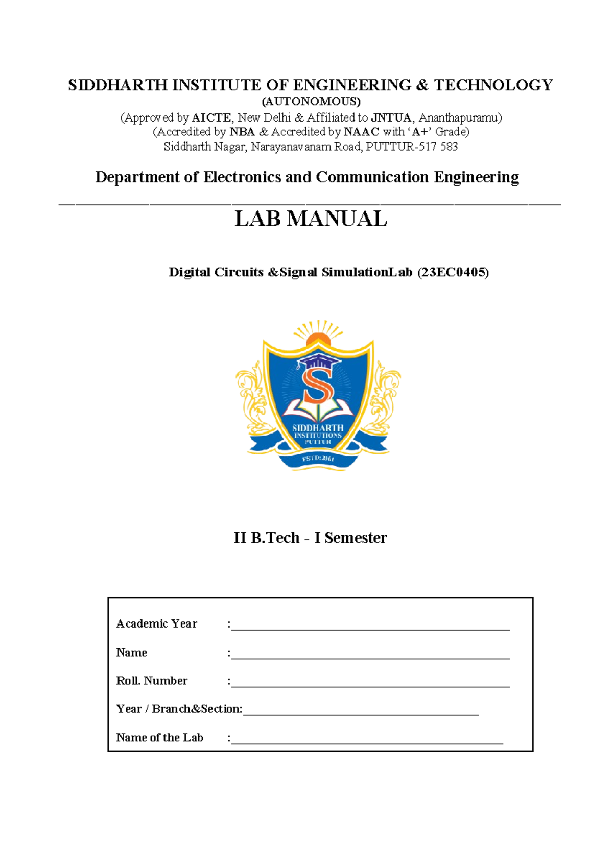 DC&SS LAB 19 Thaugust - Lab manual - SIDDHARTH INSTITUTE OF ENGINEERING ...