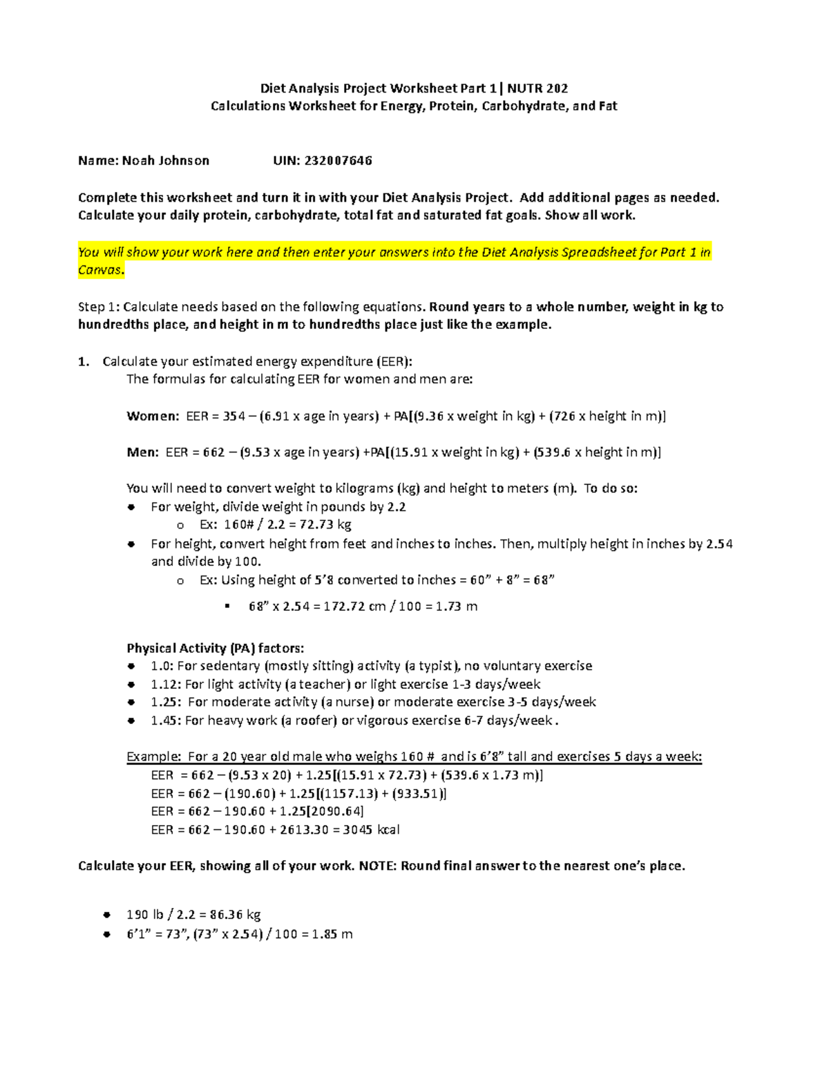 Diet Analysis Project Worksheet NUTR 202: Energy & Macronutrient ...