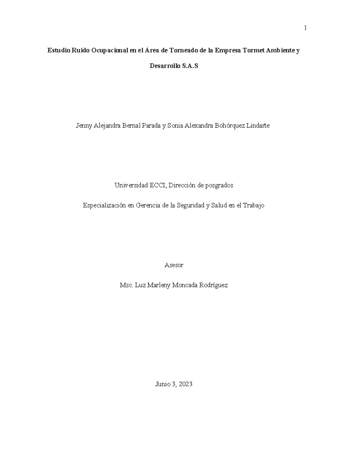 Estudio Ruido Ocupacional en el Área de Torneado de la Empresa Tormet ...