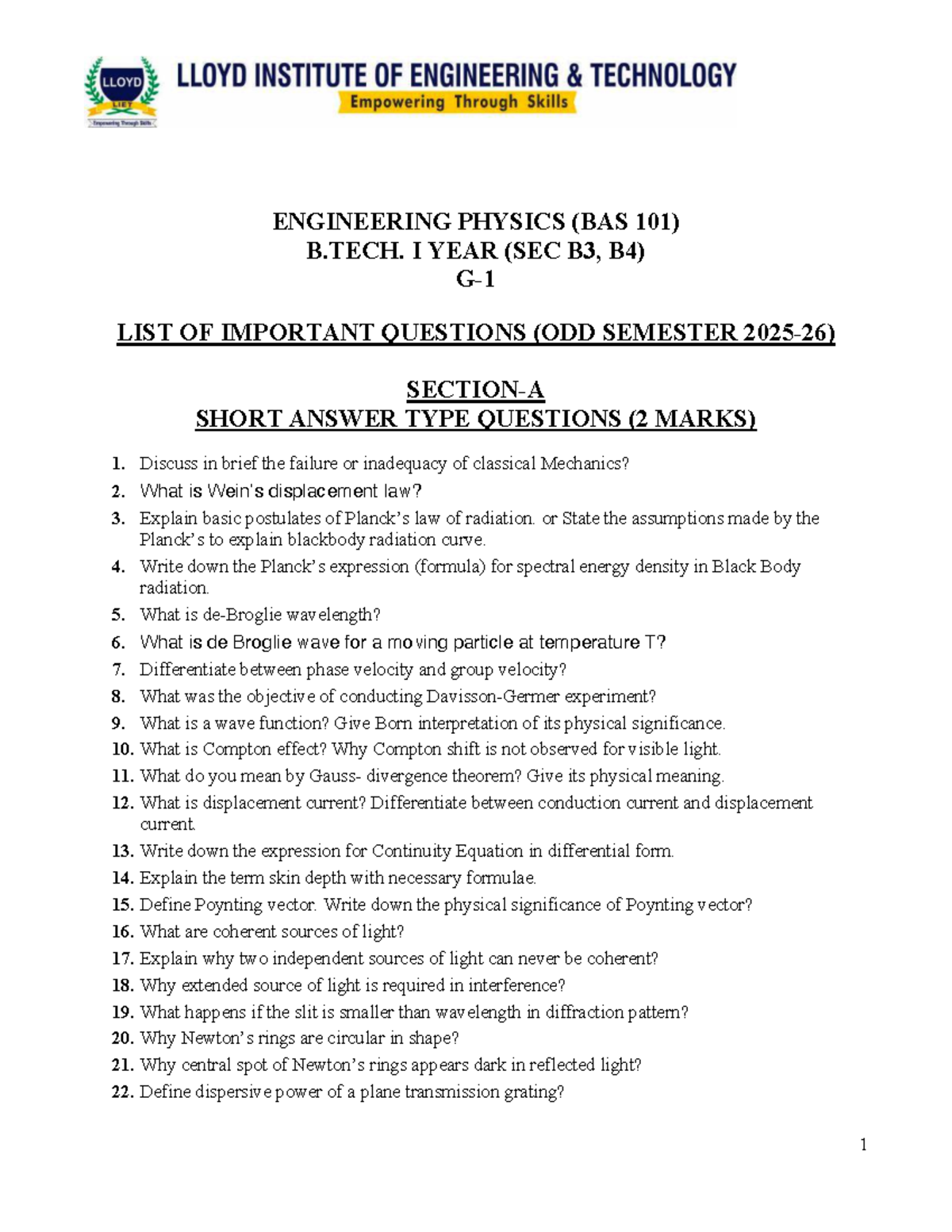 ENGG. PHYSICS (BAS 101) MODEL PAPER - IMPORTANT QUESTIONS & ANSWERS ...