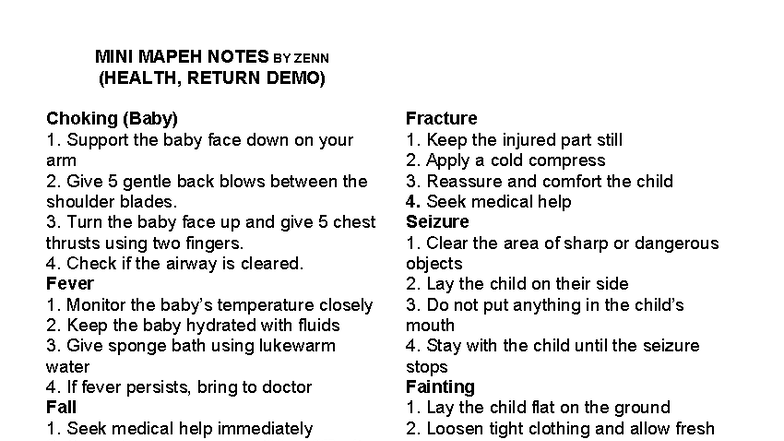 MINI MAPEH NOTES: Health Emergencies & First Aid Tips - Studocu