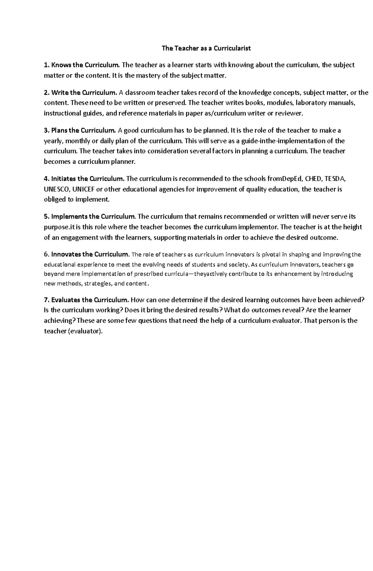 The Teacher as a Curricularist: Roles in Curriculum Development - Studocu