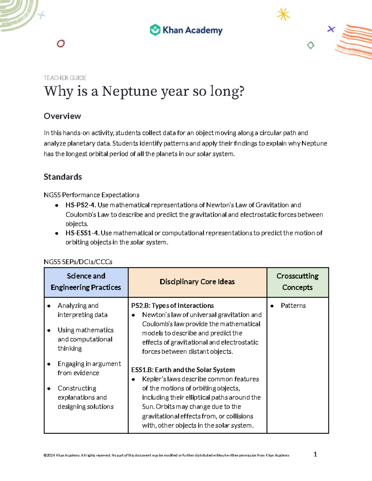 TEACHER GUIDE: Understanding Neptune's Long Orbital Period (Unit 5 ...