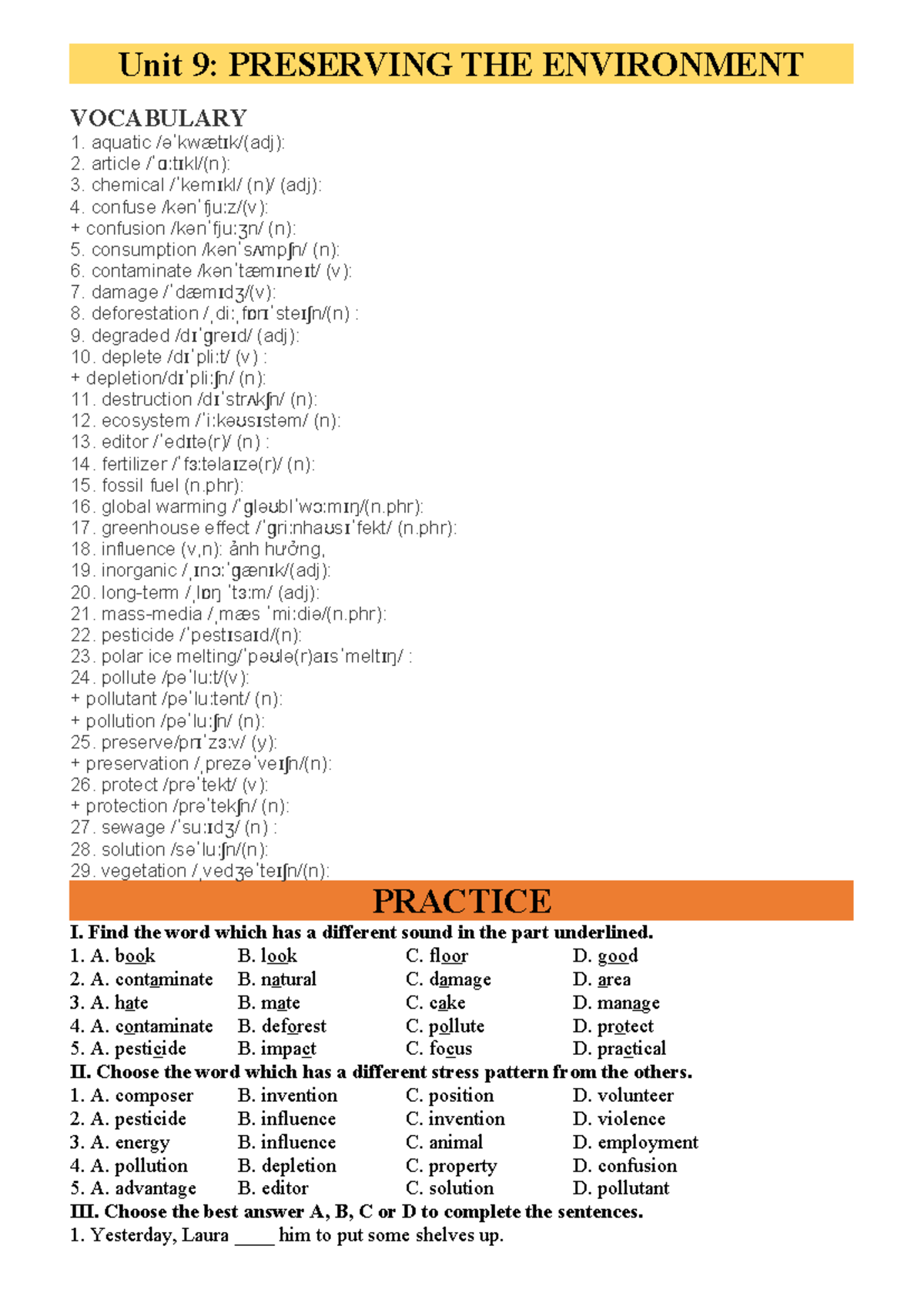 Lesson 26: Unit 9 Environmental Vocabulary & Practice Exercises - Studocu
