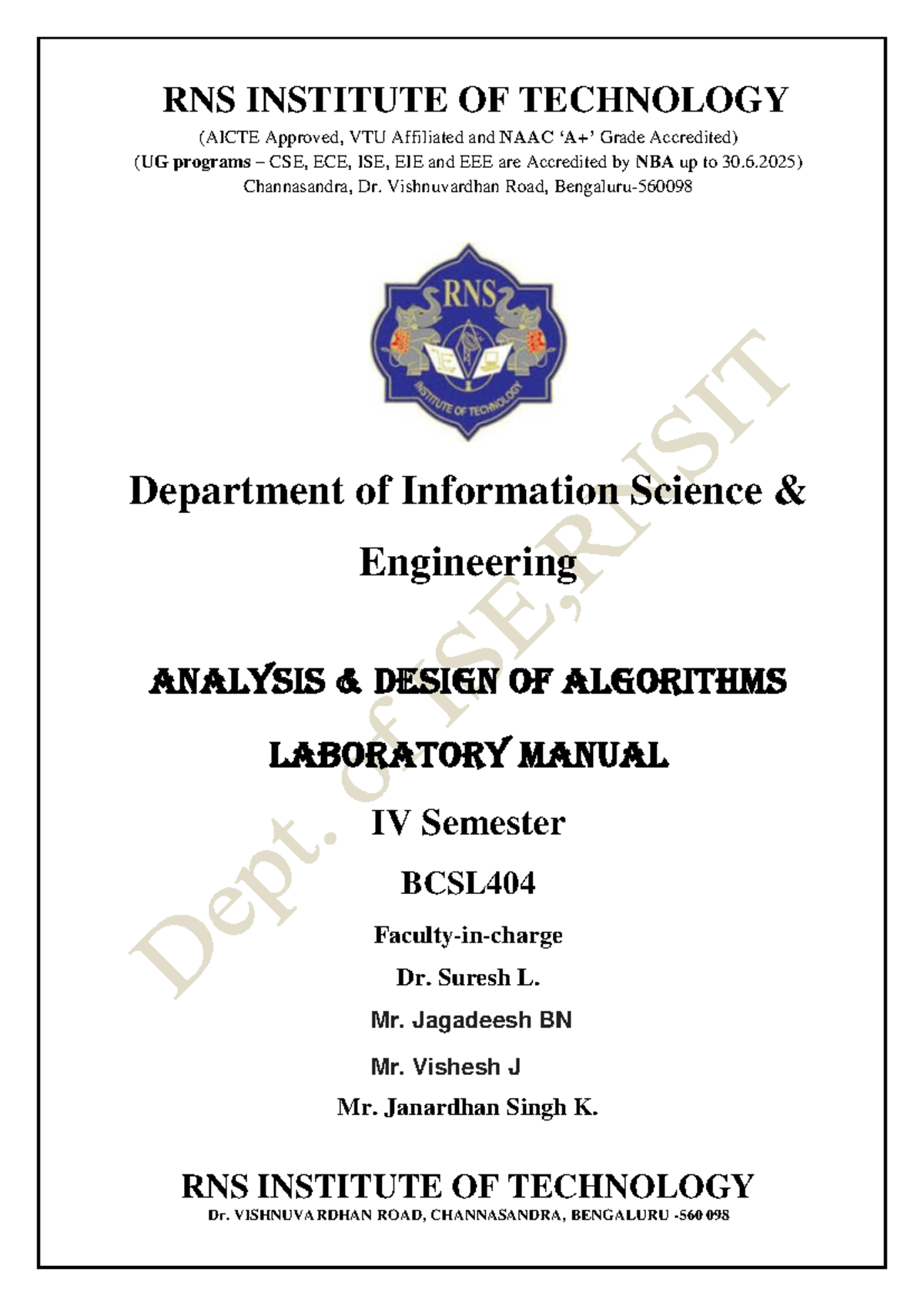RNSIT BCSL404 - Analysis and Design of Algorithms Lab Manual - Studocu