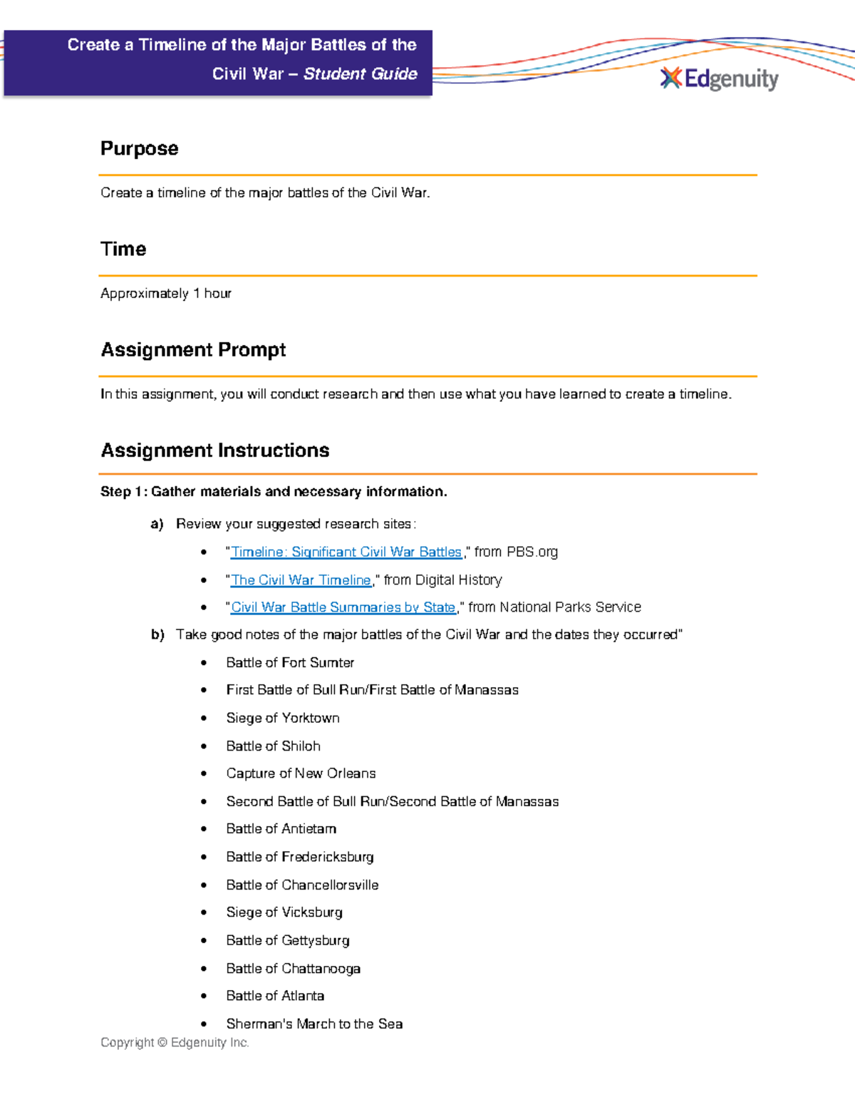 Civil War Major Battles Timeline - Student Guide (History 101) - Studocu