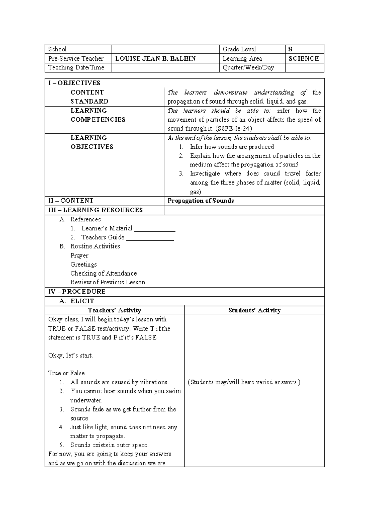 DLP - Detailed Lesson Plan on Sound Propagation for Grade 8 Science ...