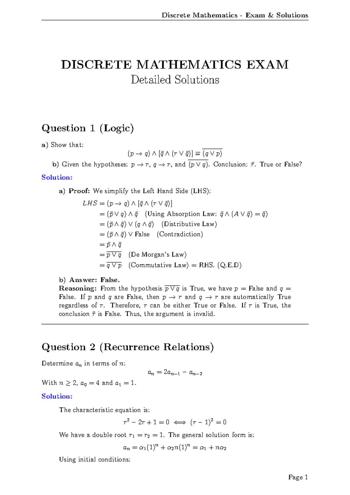 Discrete Mathematics Exam Solutions TRR1: Detailed Answers and Analysis ...