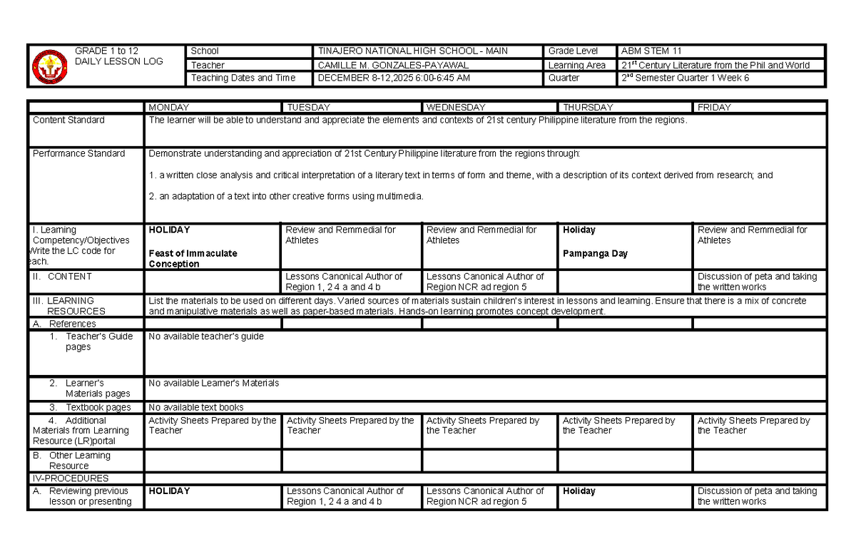 21st Century Literature Lesson Plan W6 Q1 - ABM STEM 11 - Studocu