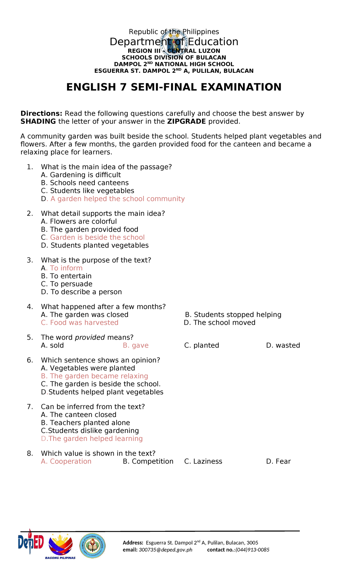 English 7 Pre-Final Exam: Community Garden Insights - Studocu