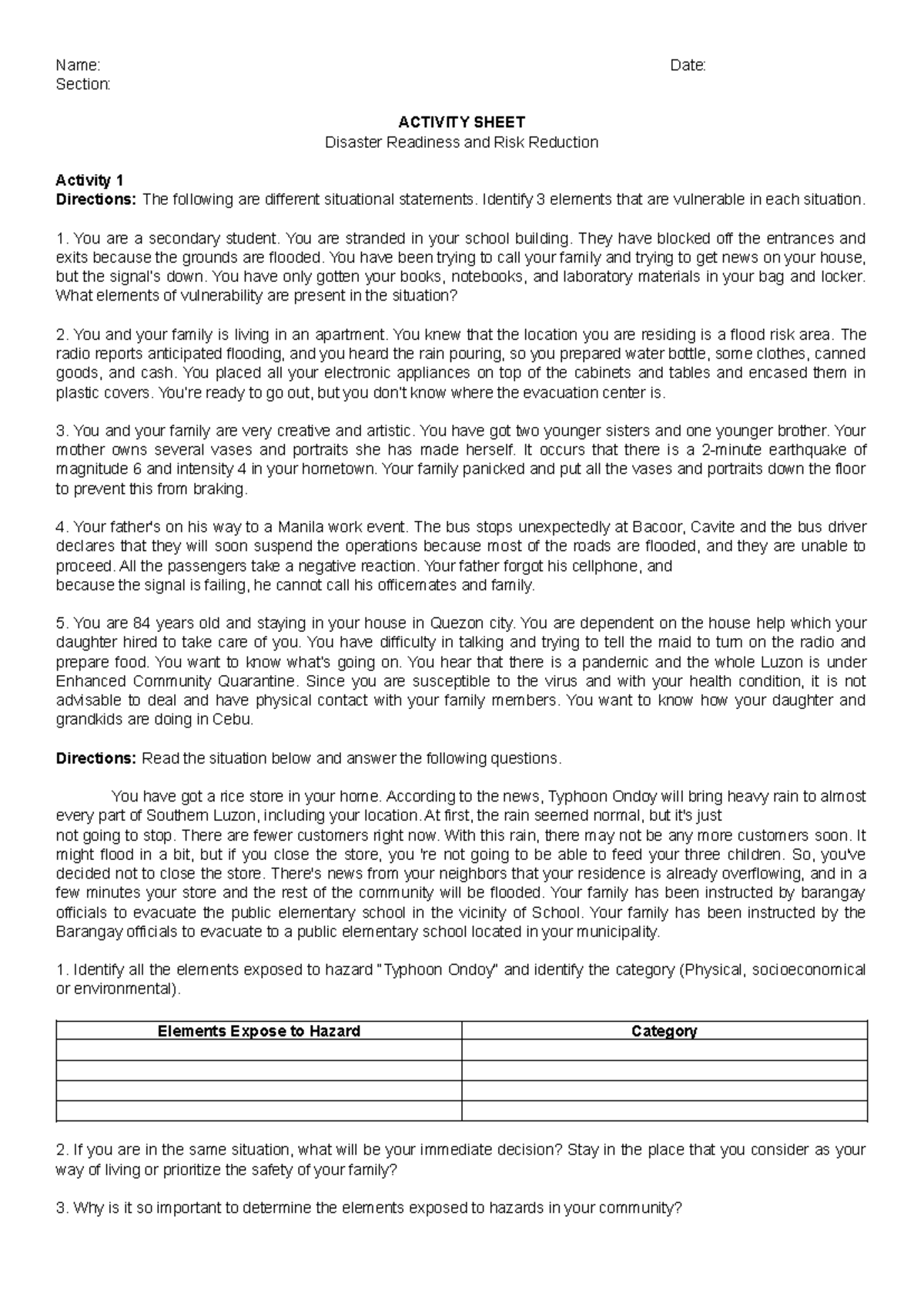 Activity- Sheet-DRRR - Name: Date: Section: ACTIVITY SHEET Disaster ...