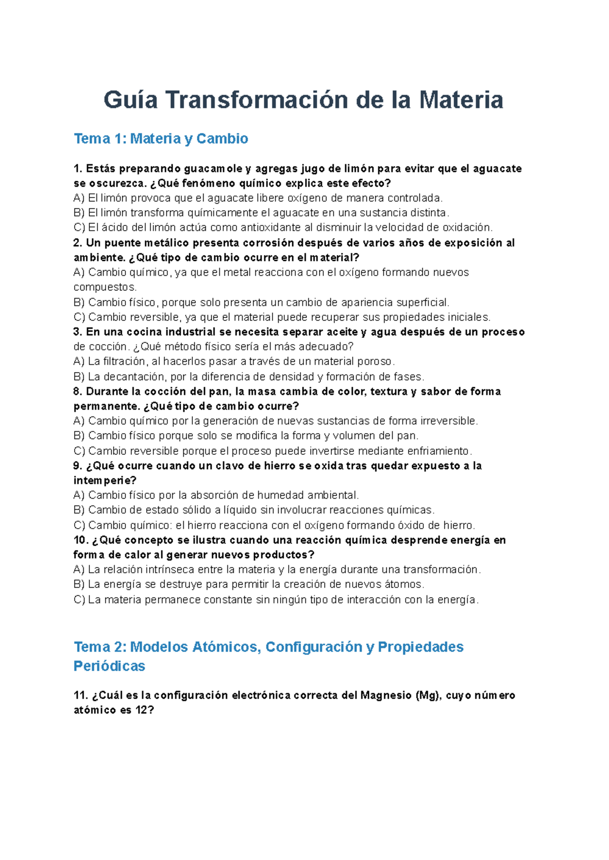 Guía Transformación de la Materia: Tema 1 y 2 - Cambios Químicos y ...