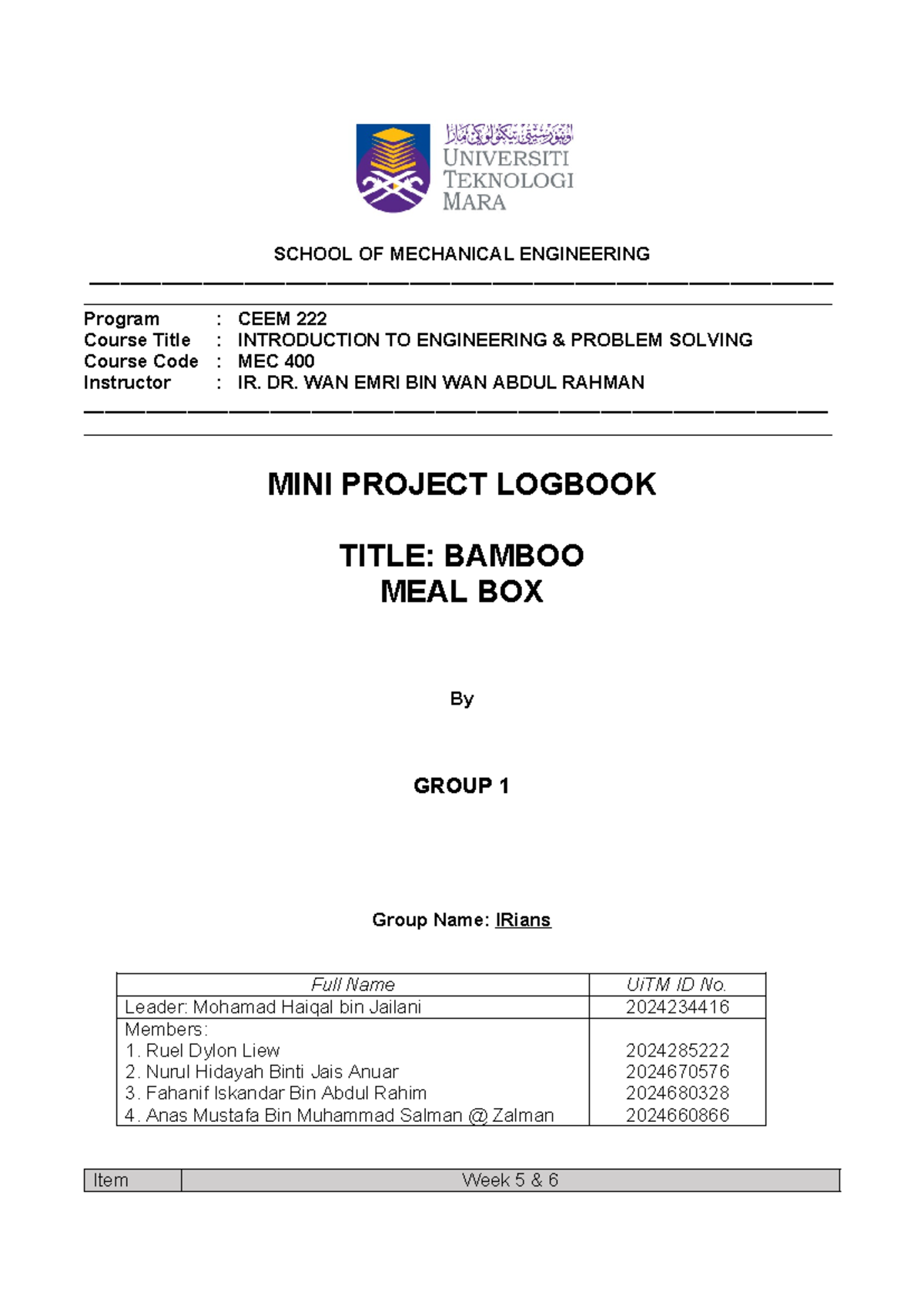 MEC 400 Mini Project Logbook: Bamboo Meal Box Development - Studocu