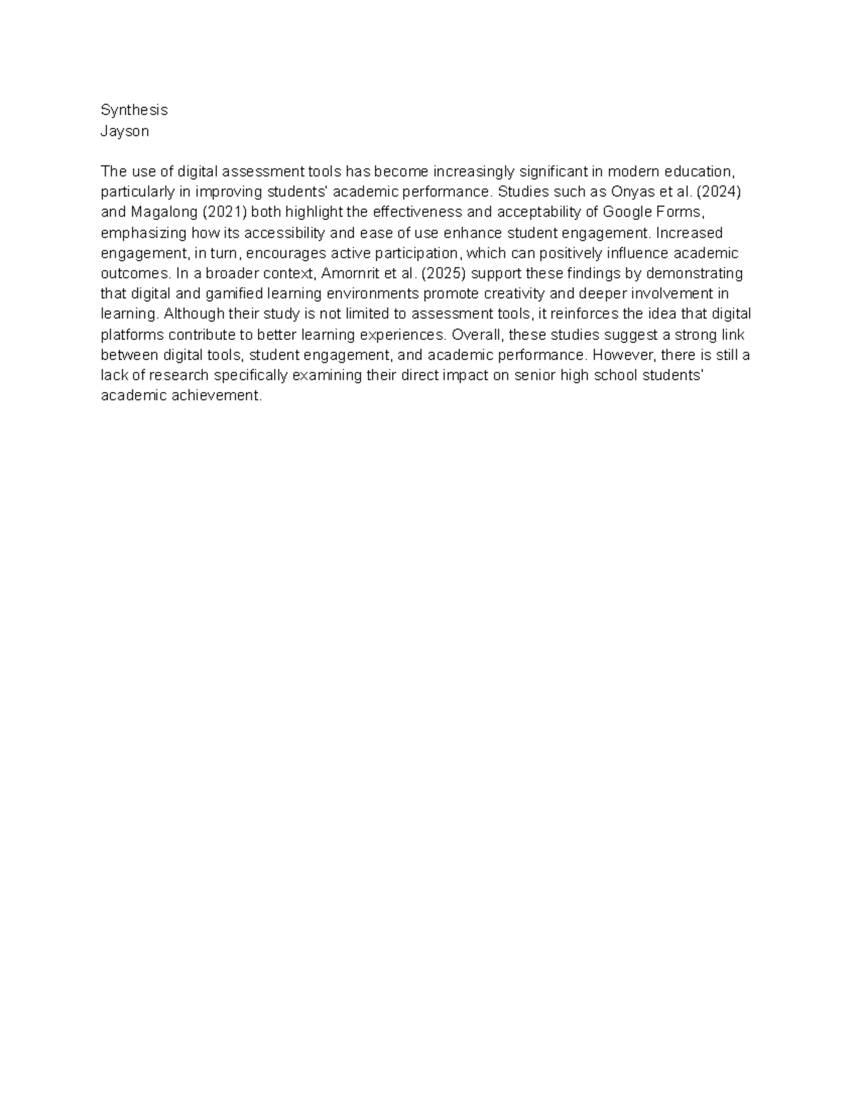 Synthesis - Yow: Impact of Digital Assessment Tools on Engagement - Studocu