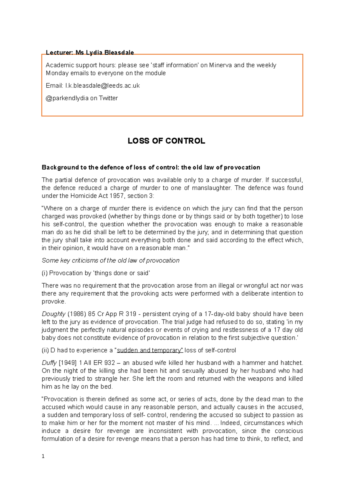 Loss of Control Lecture Notes - Criminal Law 21-22 - Studocu