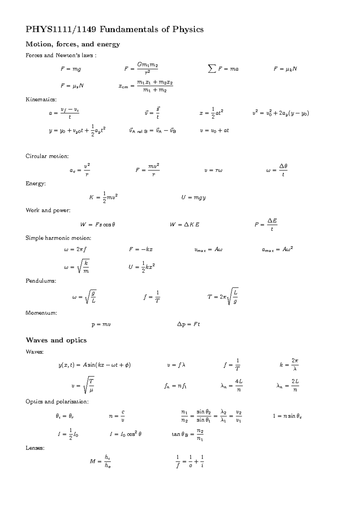 PHYS1111 formula sheet - PHYS1111/1149 Fundamentals of Physics Motion ...