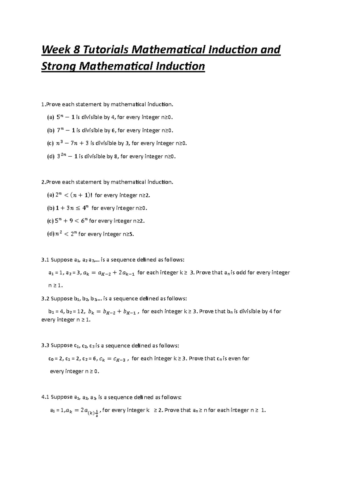 MAT 101 Week 8 Tutorial: Mathematical Induction Proofs - Studocu