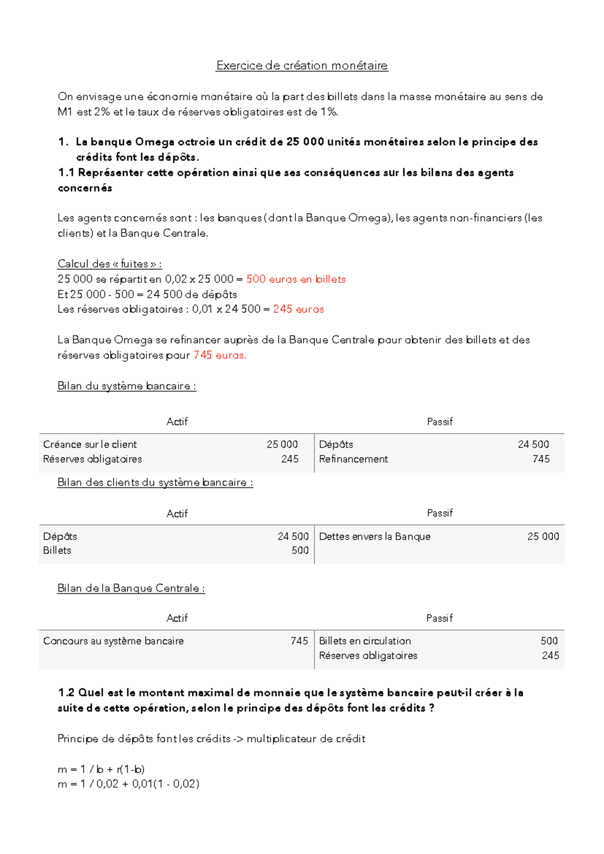 Exercice 1 - Analyse de la Création Monétaire et Bilan de Banque - Studocu