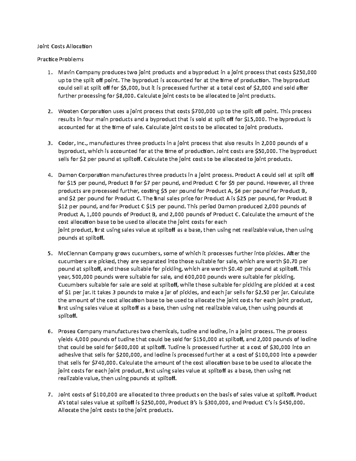 Joint Costs Allocation Practice Problems for Cost Accounting - Studocu