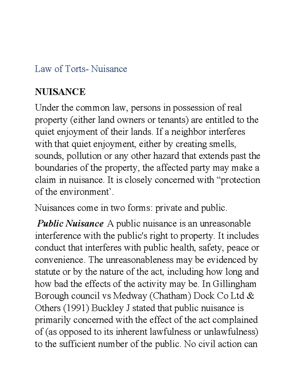 LAW 101: Nuisance Overview and Key Legal Principles - Studocu