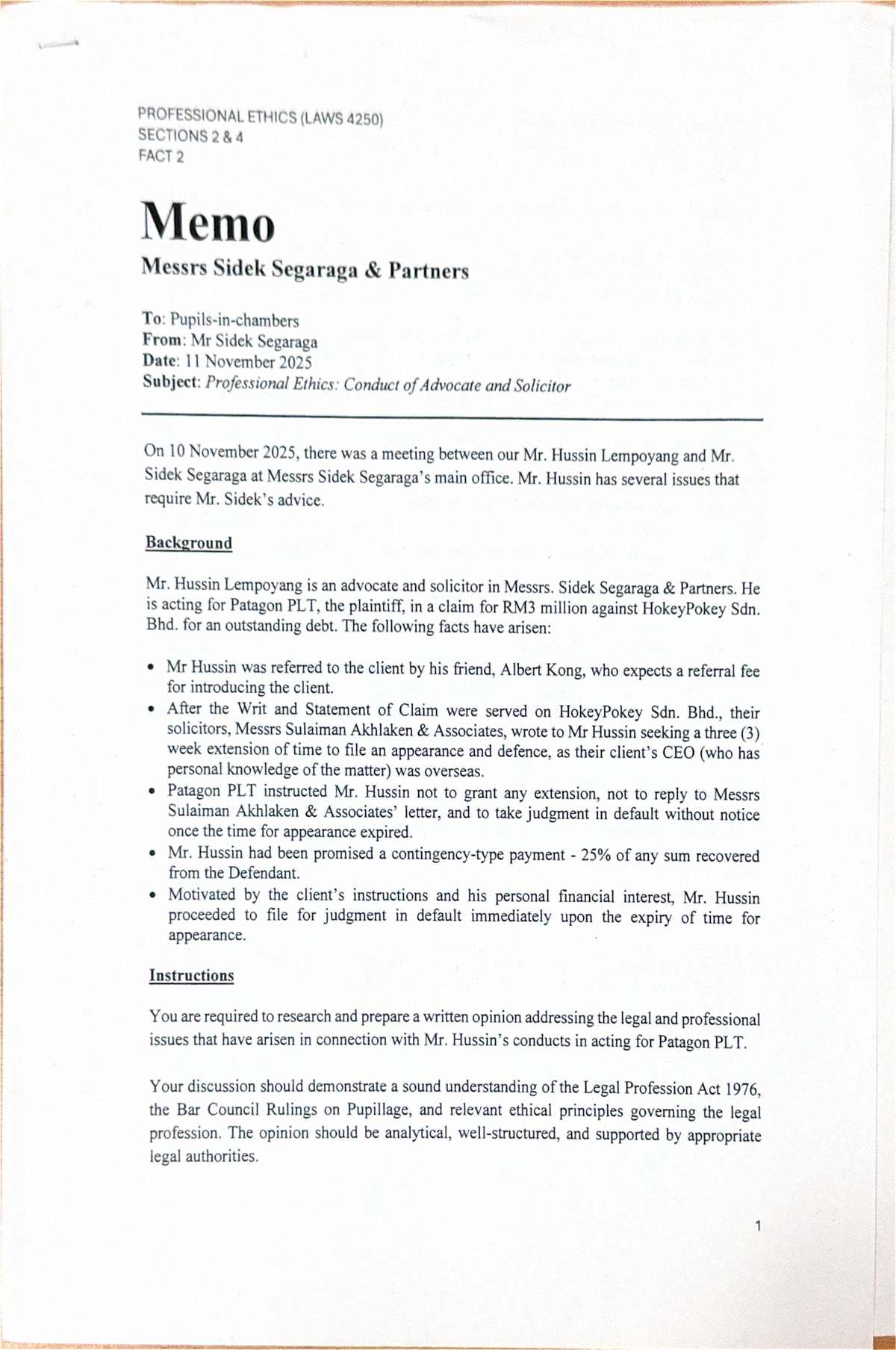 Professional Ethics Analysis (LAWS 4250) - Memo on Advocate Conduct ...