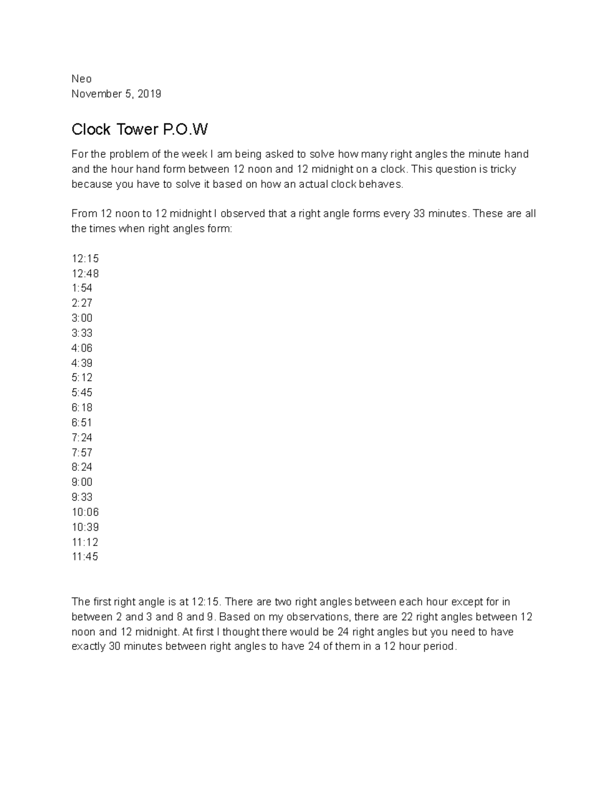 P.O.W #2: Right Angles Between Clock Hands (12 PM - 12 AM) - Studocu