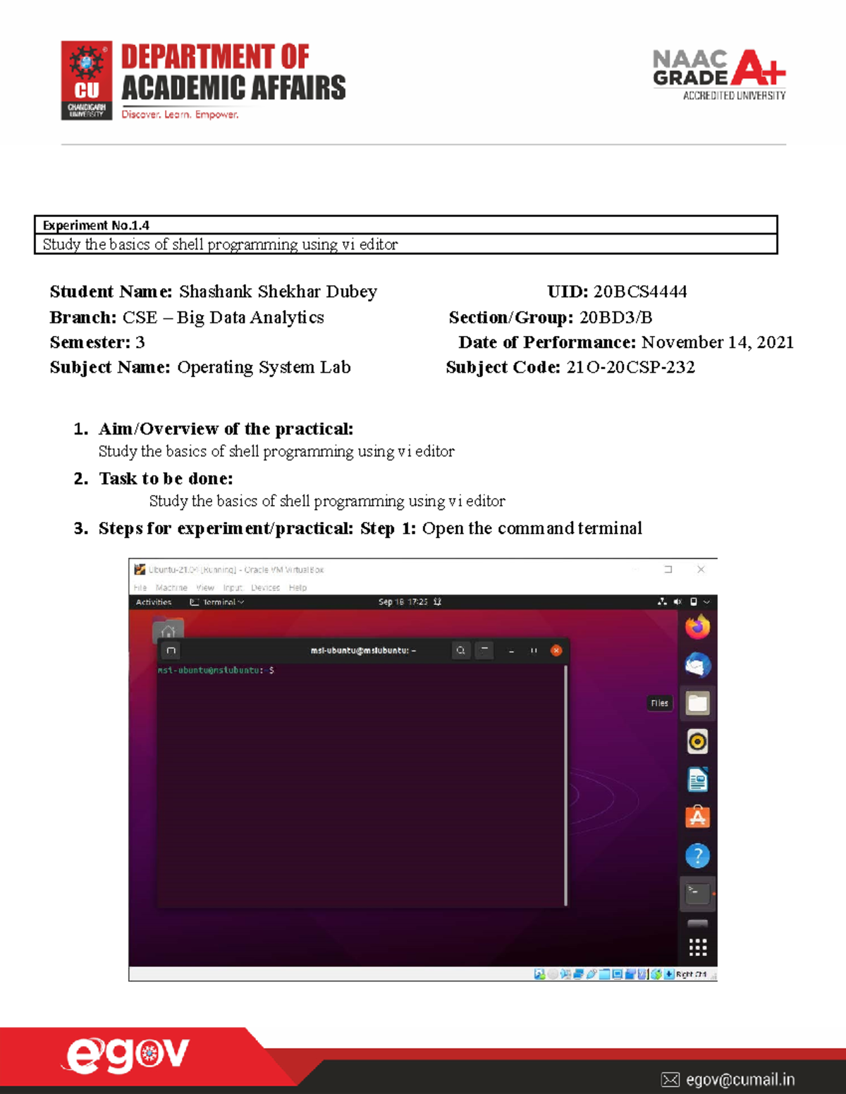 Operating System worksheet 4 - Experiment No. Study the basics of shell ...