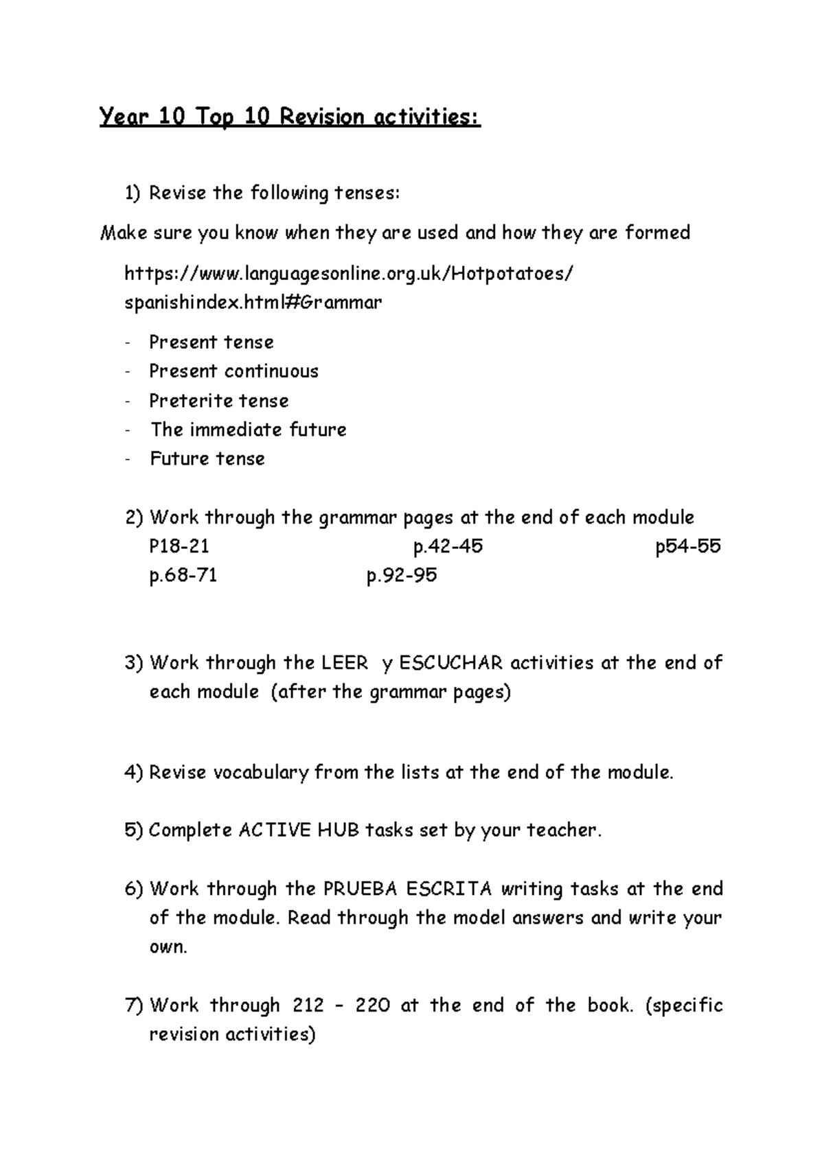 Year 10 Spanish Revision: Top 10 Activities for Success - Studocu