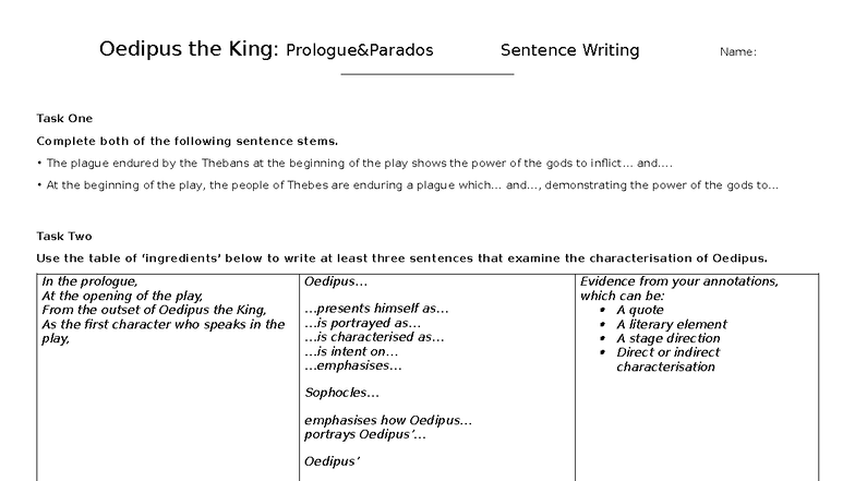 2026 12ENG Oedipus the King: Sentence Writing & Character Analysis ...