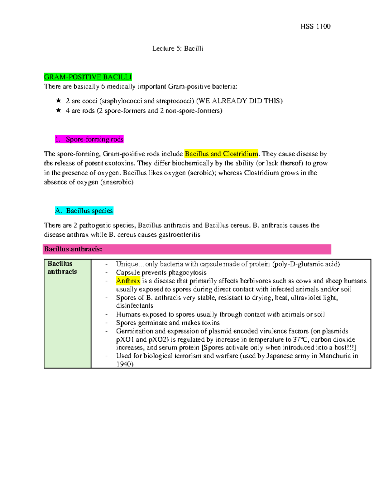 HSS 1100 Lecture 5: Overview of Medically Important Bacilli - Studocu