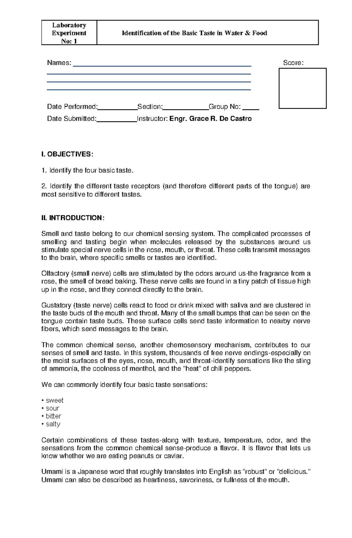 Laboratory Report No. 1: Identifying Basic Tastes in Food and Water ...