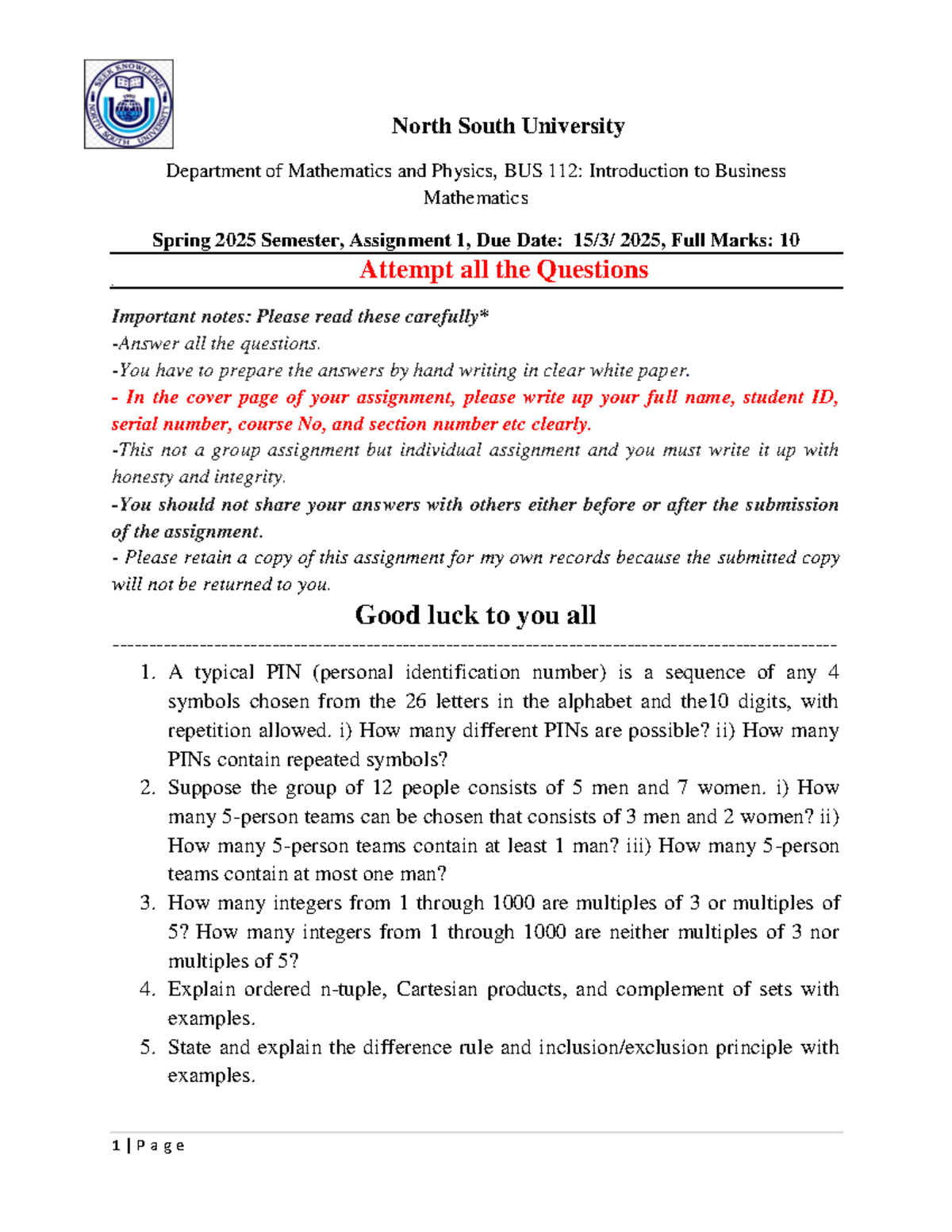 Assignment 1-Spring 2025-BUS 112 - 1 | P a g e North South University Department of Mathematics ...