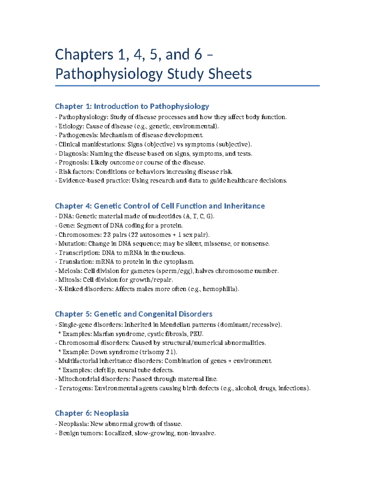 Chapters 1, 4, 5, 6 Pathophysiology Study Sheets Overview - Studocu