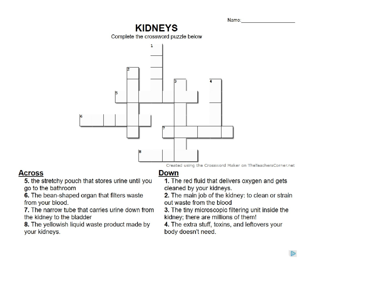 KIDNEYS Crossword Puzzle Activity - Hhjkji - Studocu
