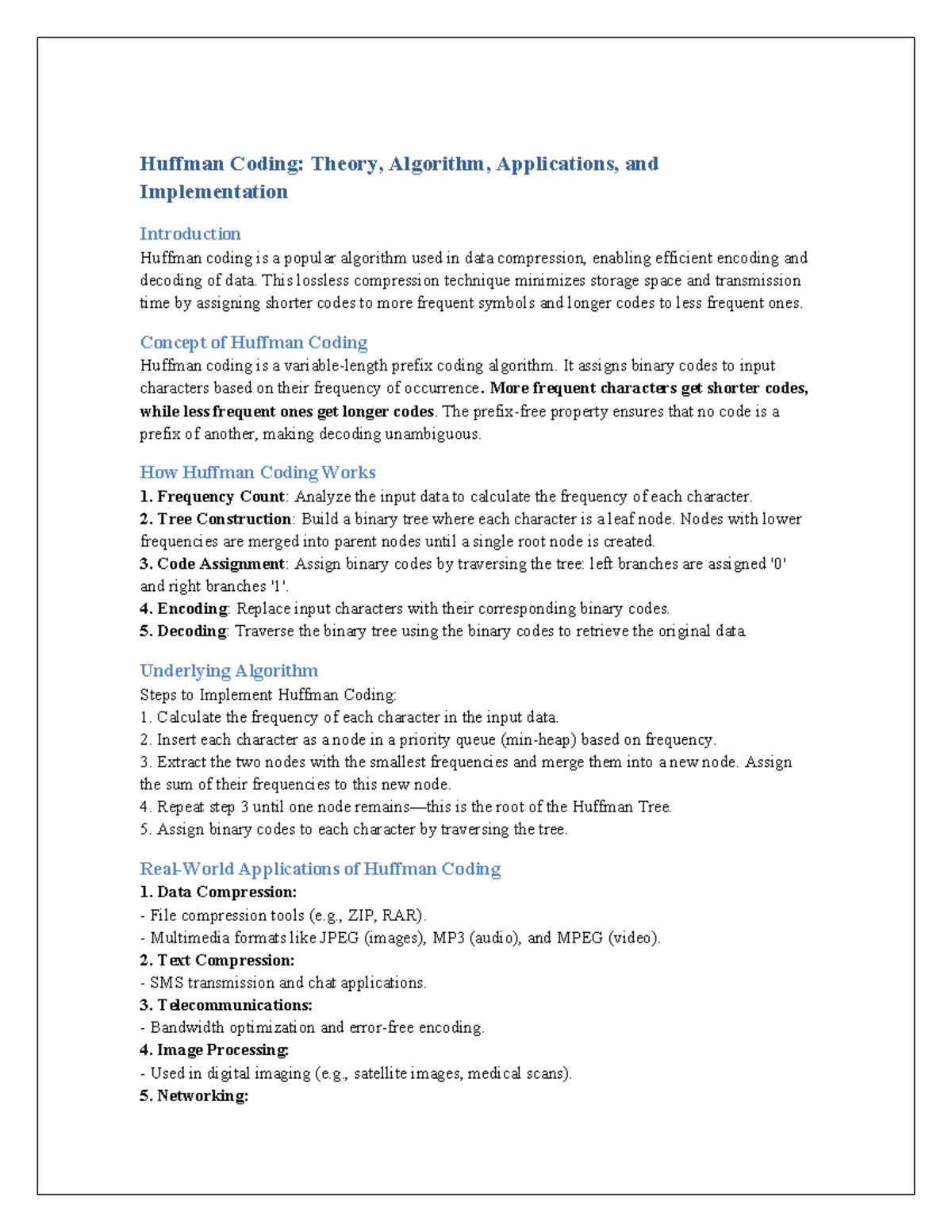 Huffman Coding Assignment Huffman Coding Theory Algorithm