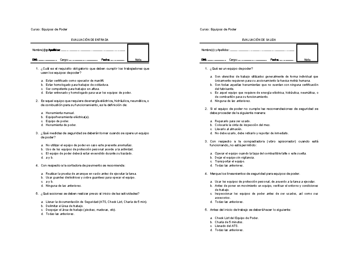 Evaluación de Equipos de Poder - Curso EQ. Poder RE - Studocu