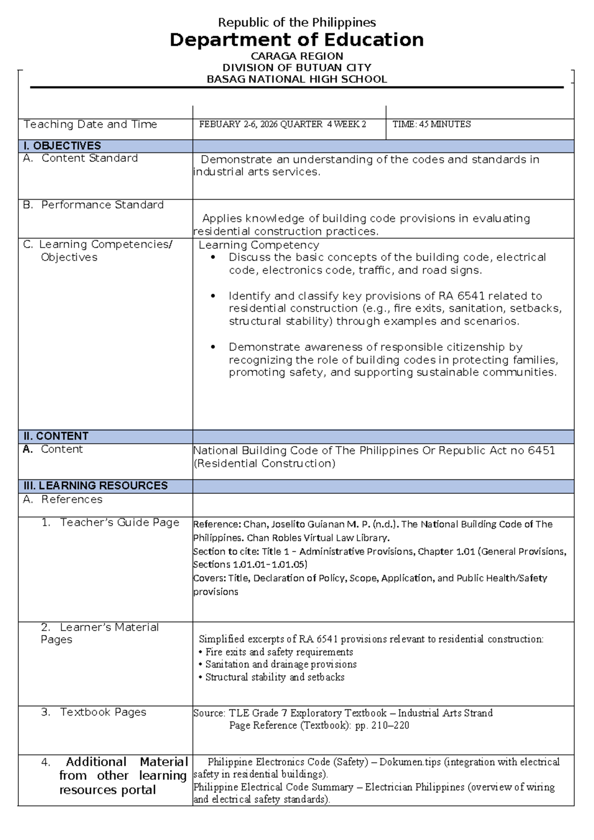 DLP Template TLE8 Q4: Building Codes & Safety Standards for Grade 7 ...
