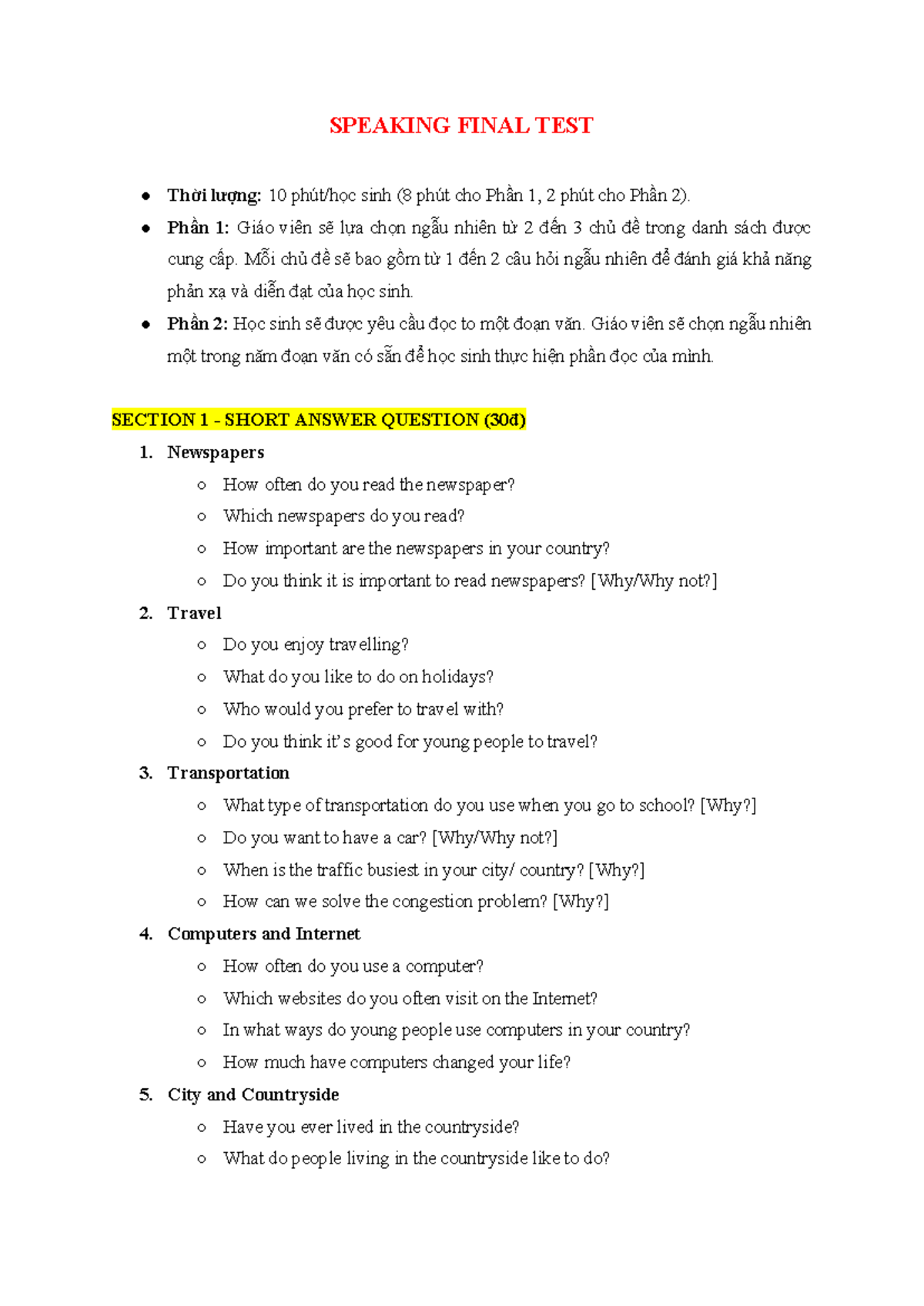 SPEAKING FINAL TEST - Essential Guide for Students - Studocu