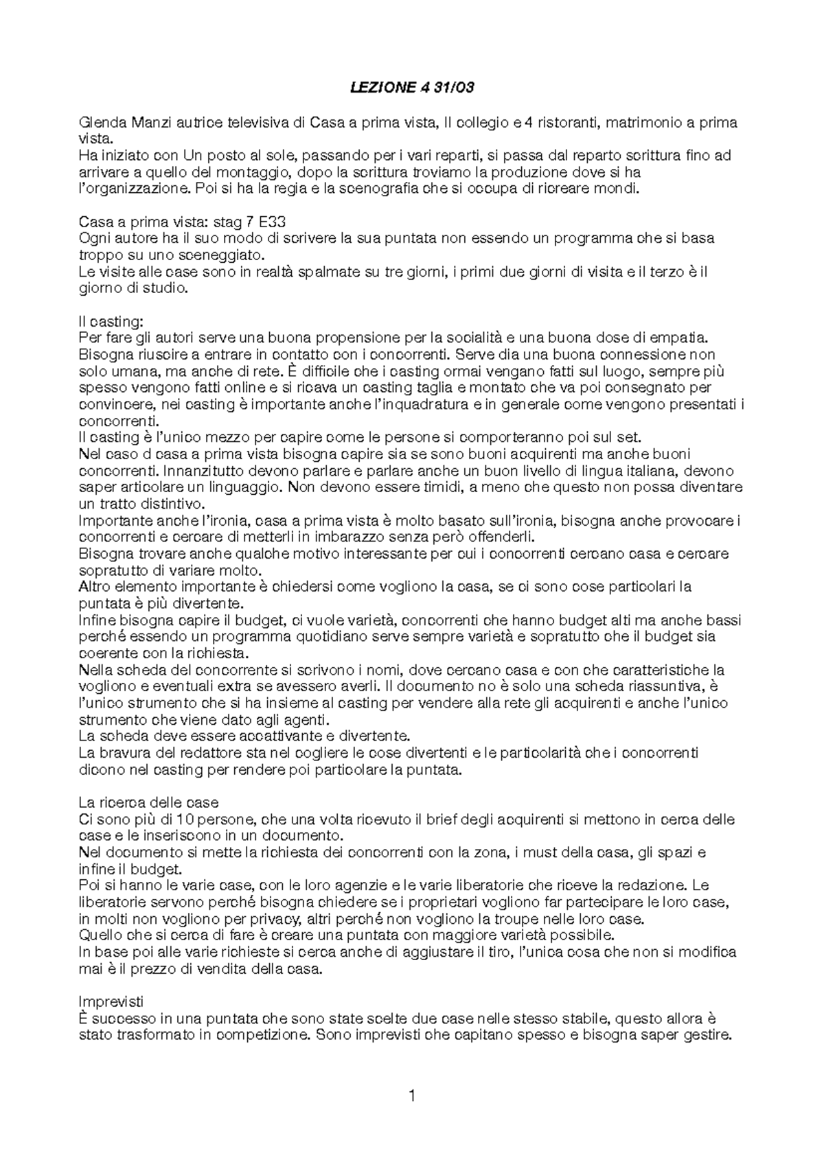 LEZIONE 4: Approfondimento su Glenda Manzi e Casa a Prima Vista - Studocu