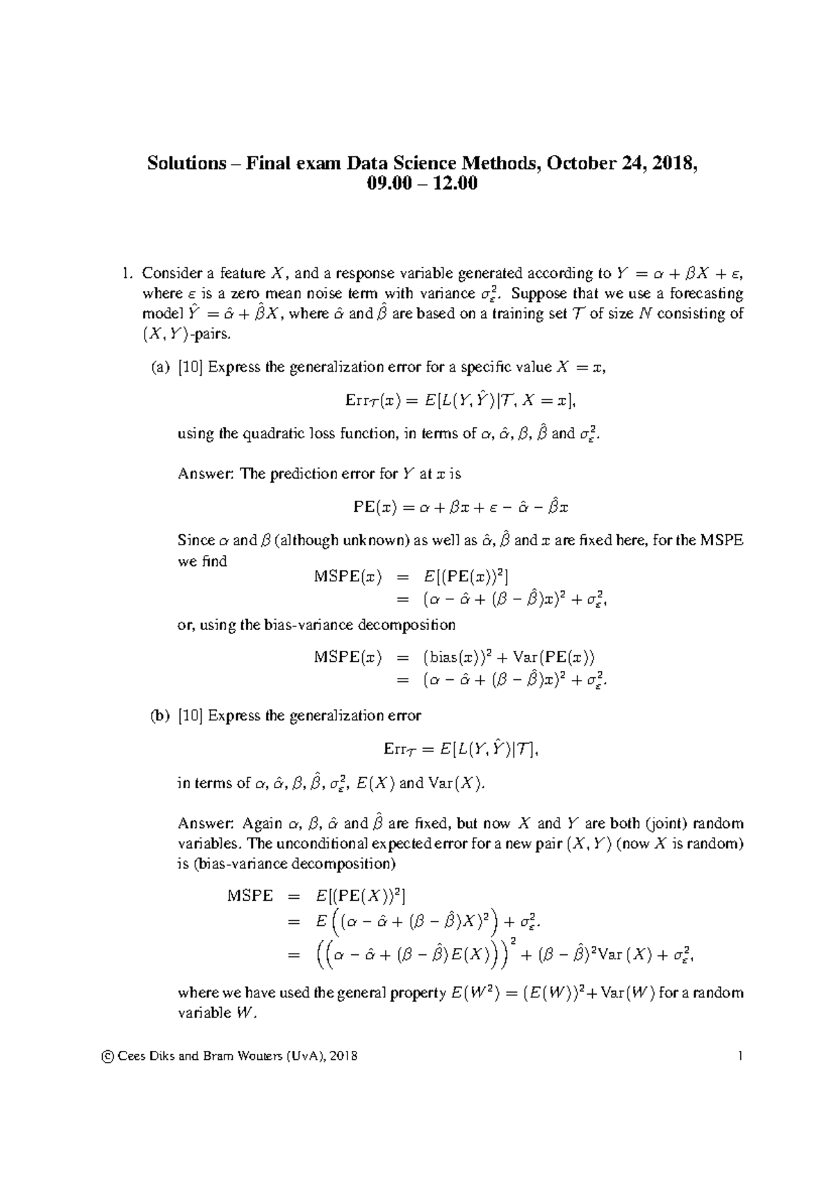 Exam solutions 2018-2019 - Solutions – Final exam Data Science Methods ...