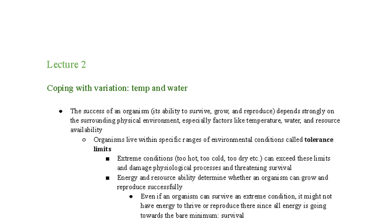 Bio 2483 Lecture 2: Coping with Temperature and Water Variation - Studocu