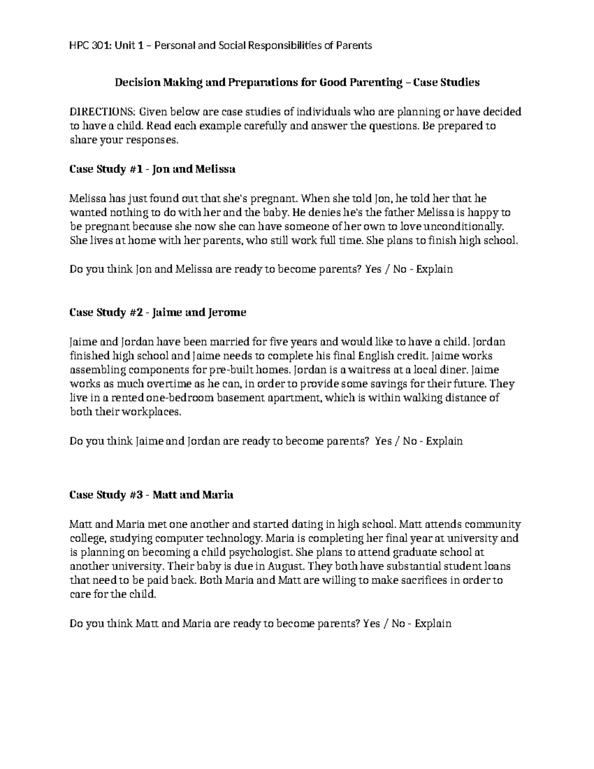 HPC 301: Unit 1 Case Studies on Parenting Readiness and ...