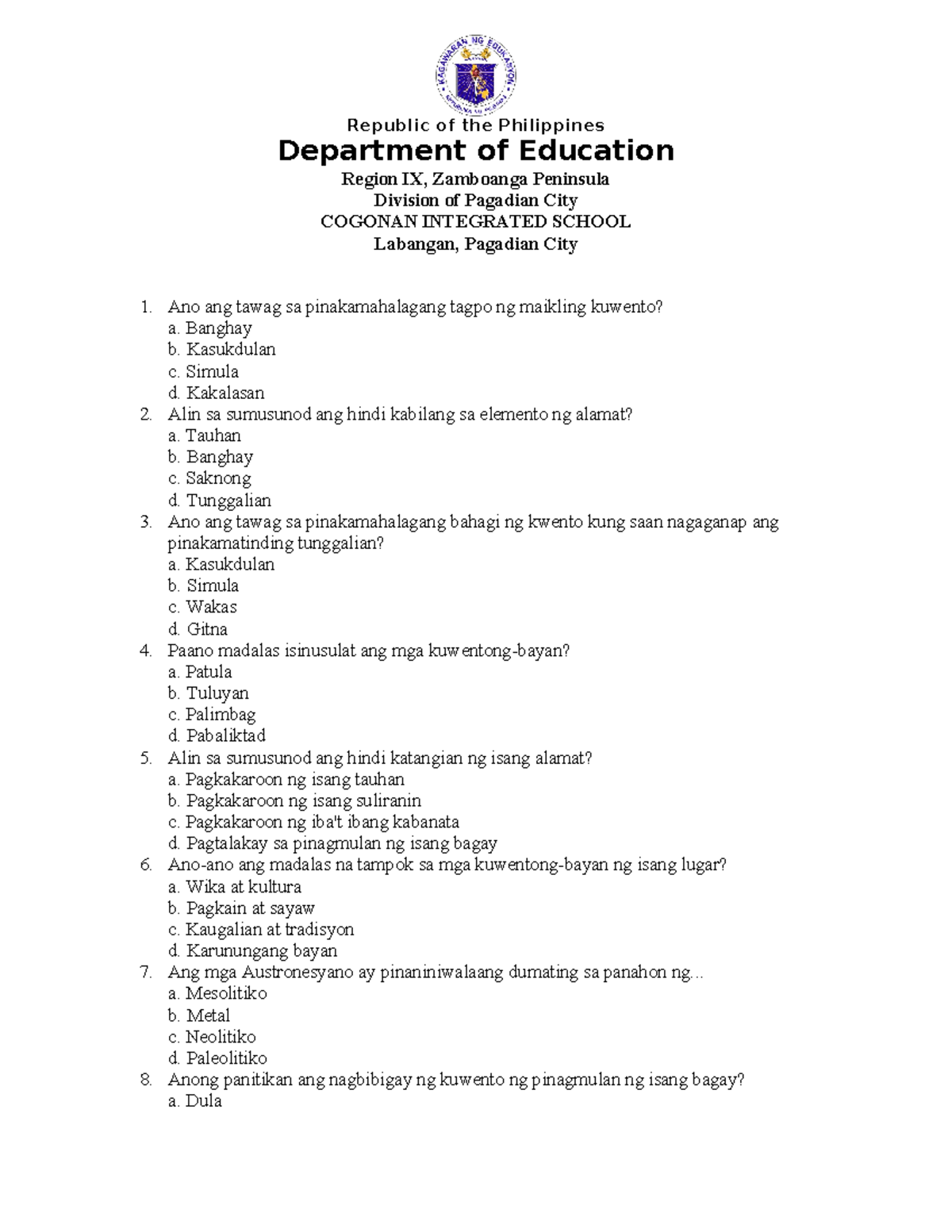 Filipino Test Paper: Elements of Alamat and Maikling Kuwento - Studocu