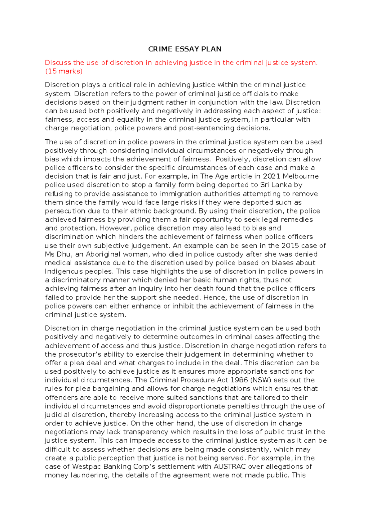 Discretion Essay - CRIME ESSAY PLAN Discuss the use of discretion in ...