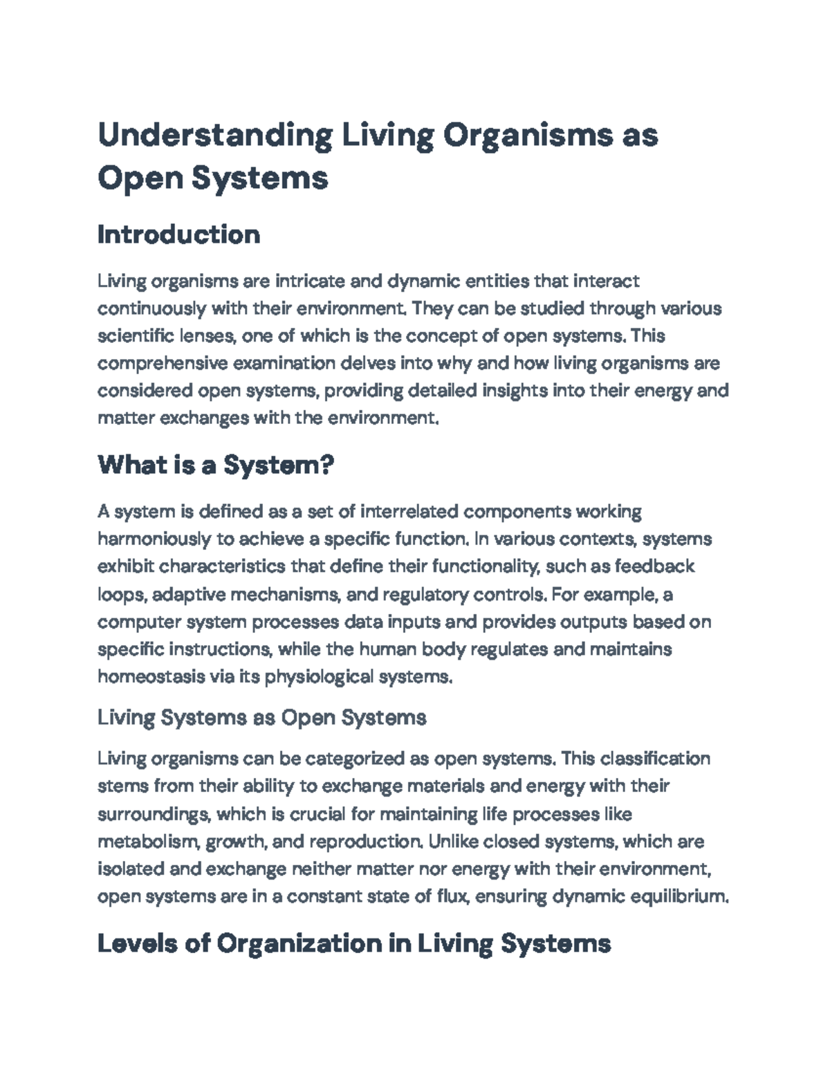 Understanding Living Organisms as Open Systems: Energy & Matter ...