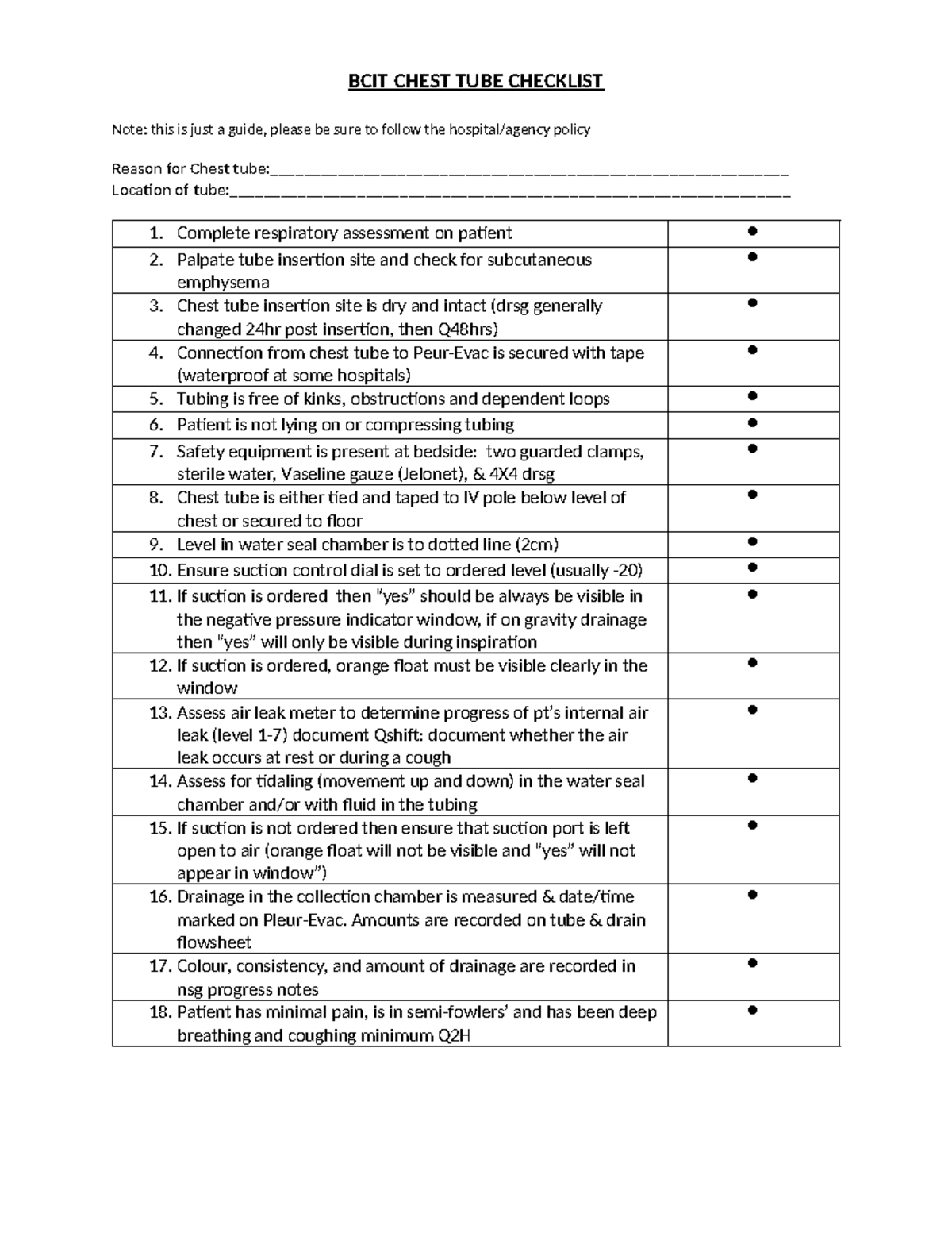 BCIT Chest Tube Insertion Checklist: Key Assessment Guidelines - Studocu