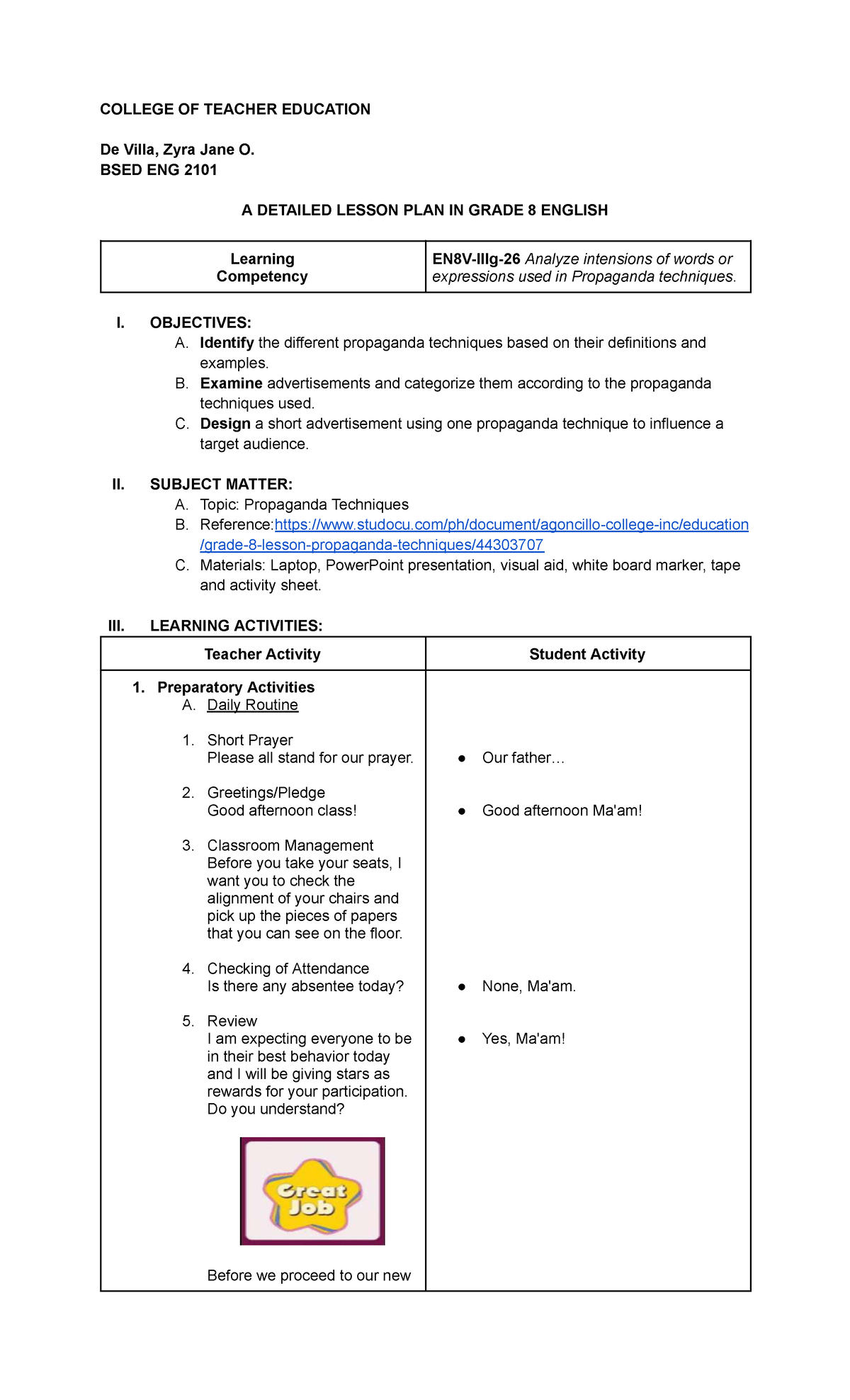 BSED ENG 2101 A Detailed Lesson Plan on Propaganda Techniques - Studocu