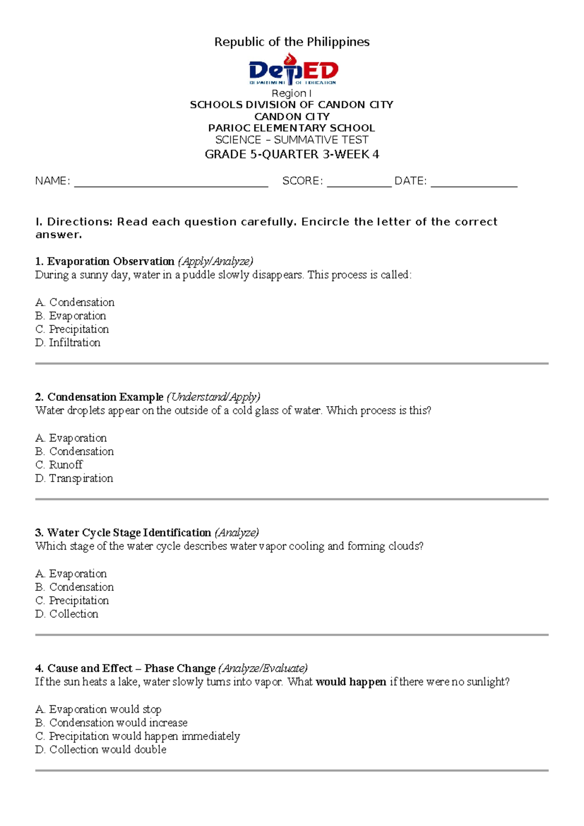 Grade 4 Science Summative Test: Water Cycle & Phase Changes - Studocu