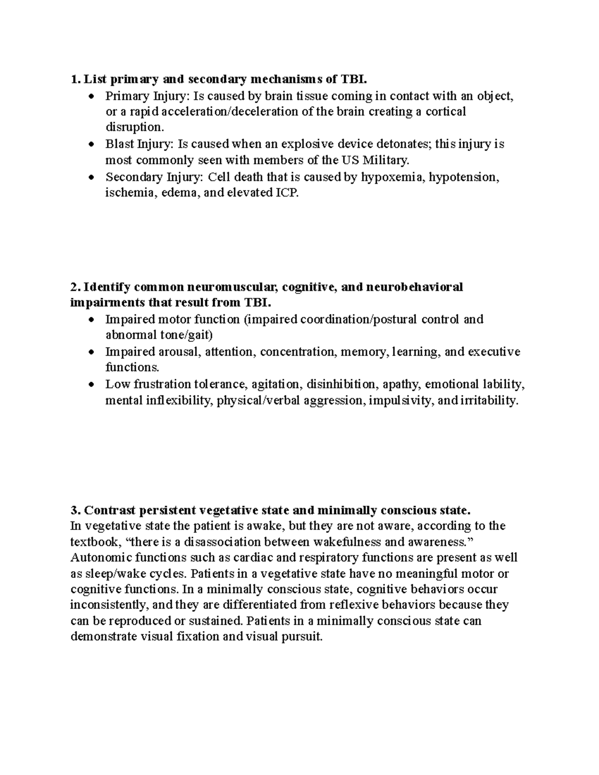 TBI Review Questions - Understanding Mechanisms & Impairments - Studocu